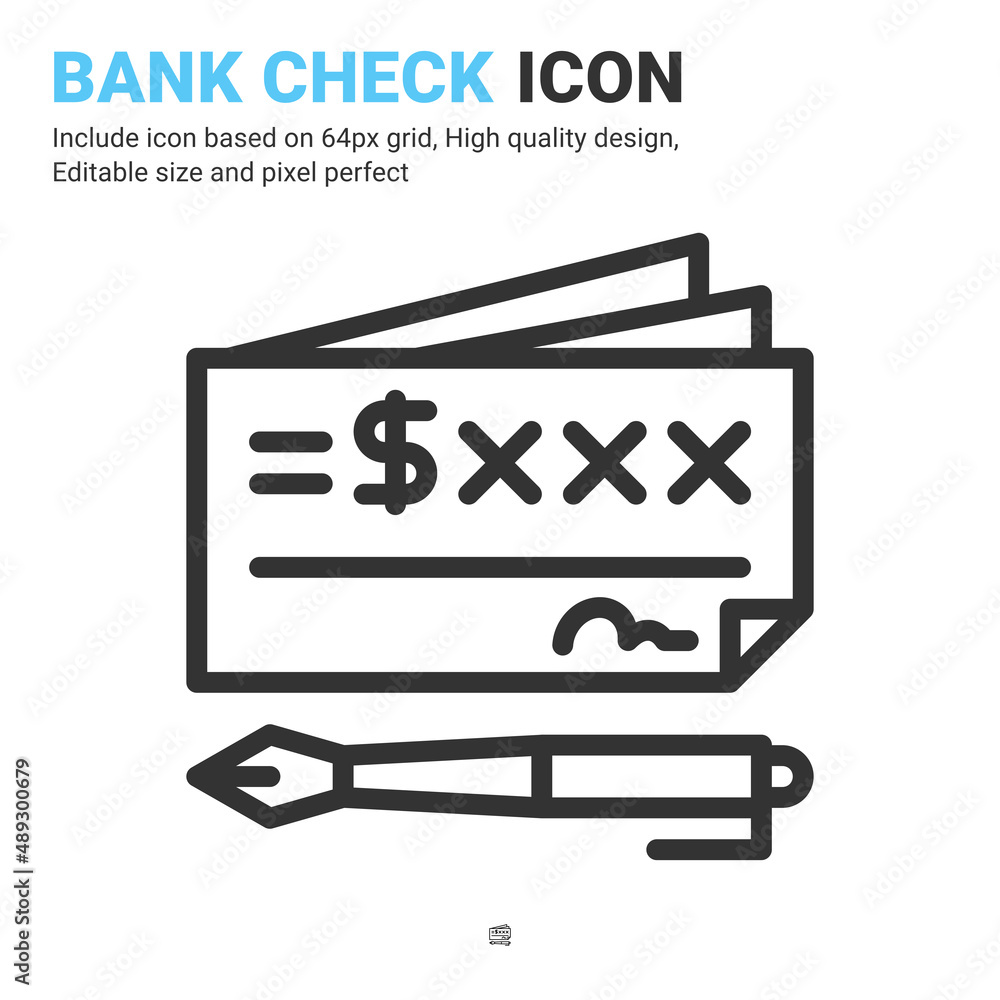 Bank check icon vector with outline style isolated on white background ...