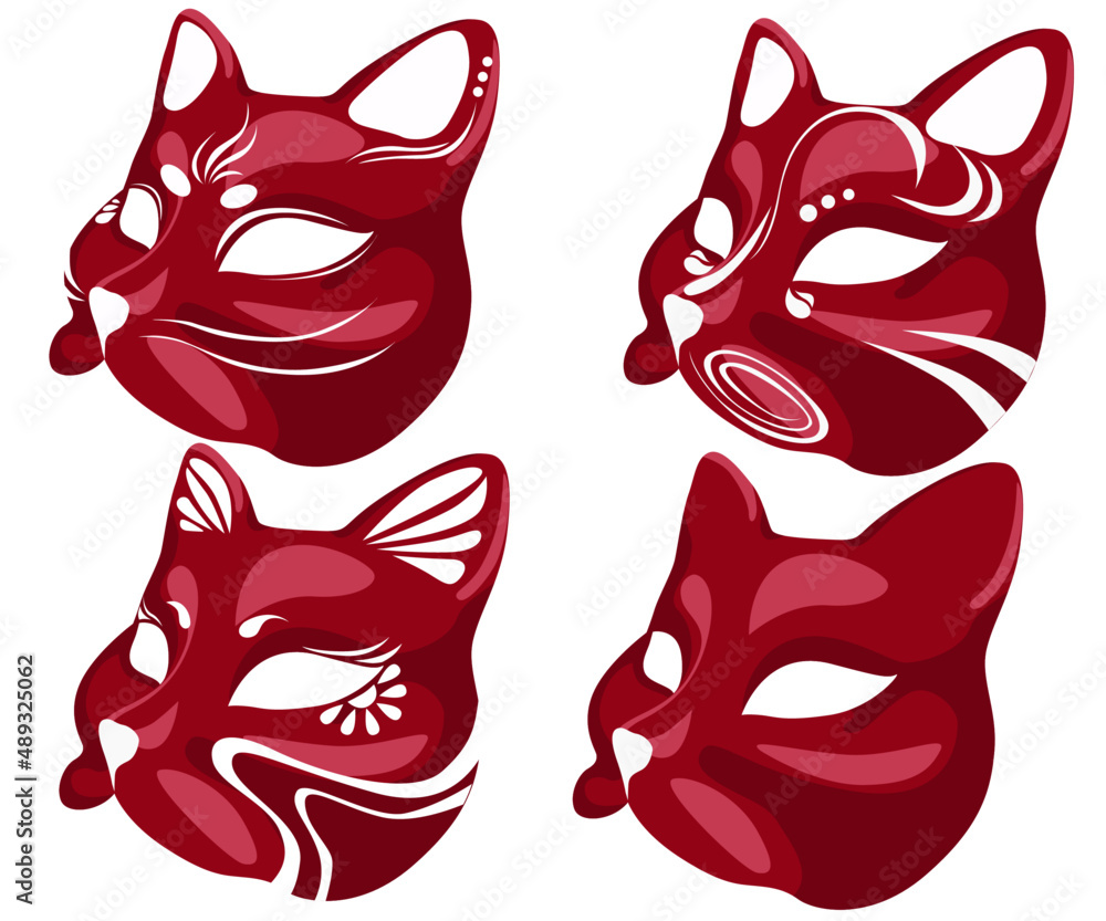 Japanese fox mask four types. The kanji written on the face are called ...
