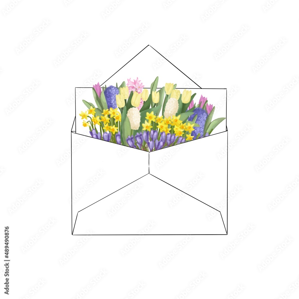 Watercolor flowers in a postal envelope. Letter, mail, wildflowers ...