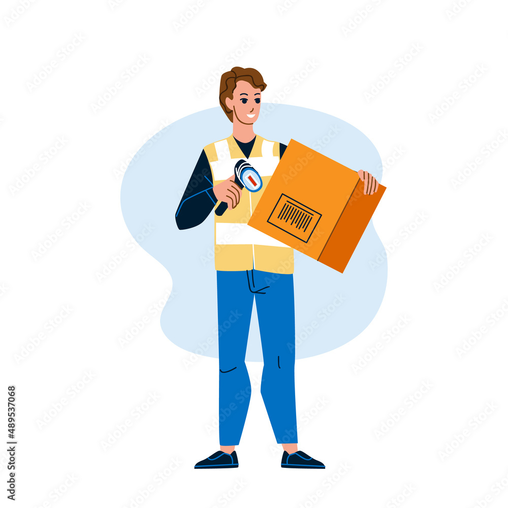 Deliverer Scanning Barcode On Carton Box Vector. Delivery Man Scanning ...