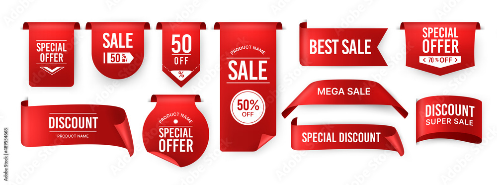 Red ribbon label. Price discount promotion banner, special offer ...