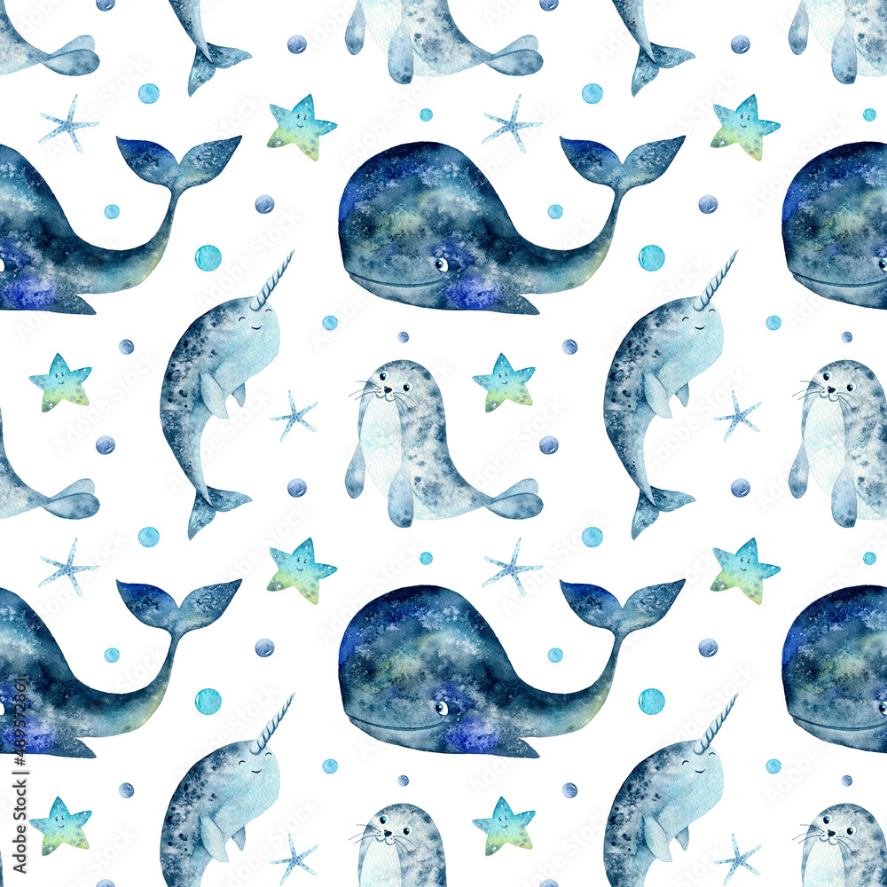 Watercolor underwater sea animal. Whale baby animal, narwhal, seal ...