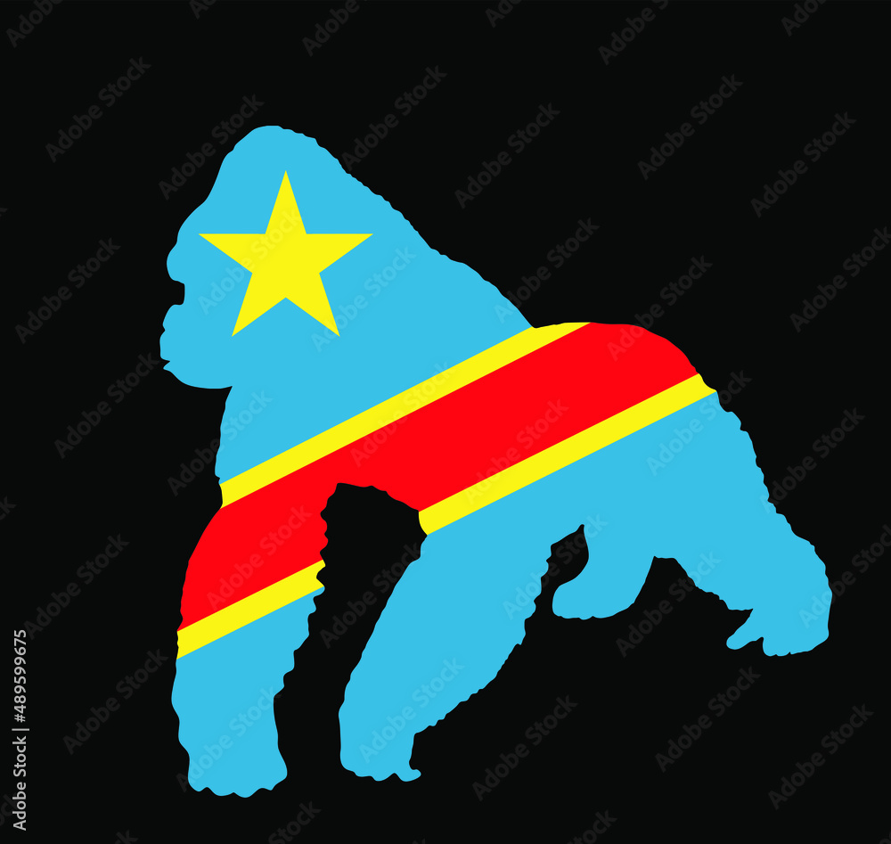 Democratic republic Congo flag over Gorilla monkey vector silhouette ...