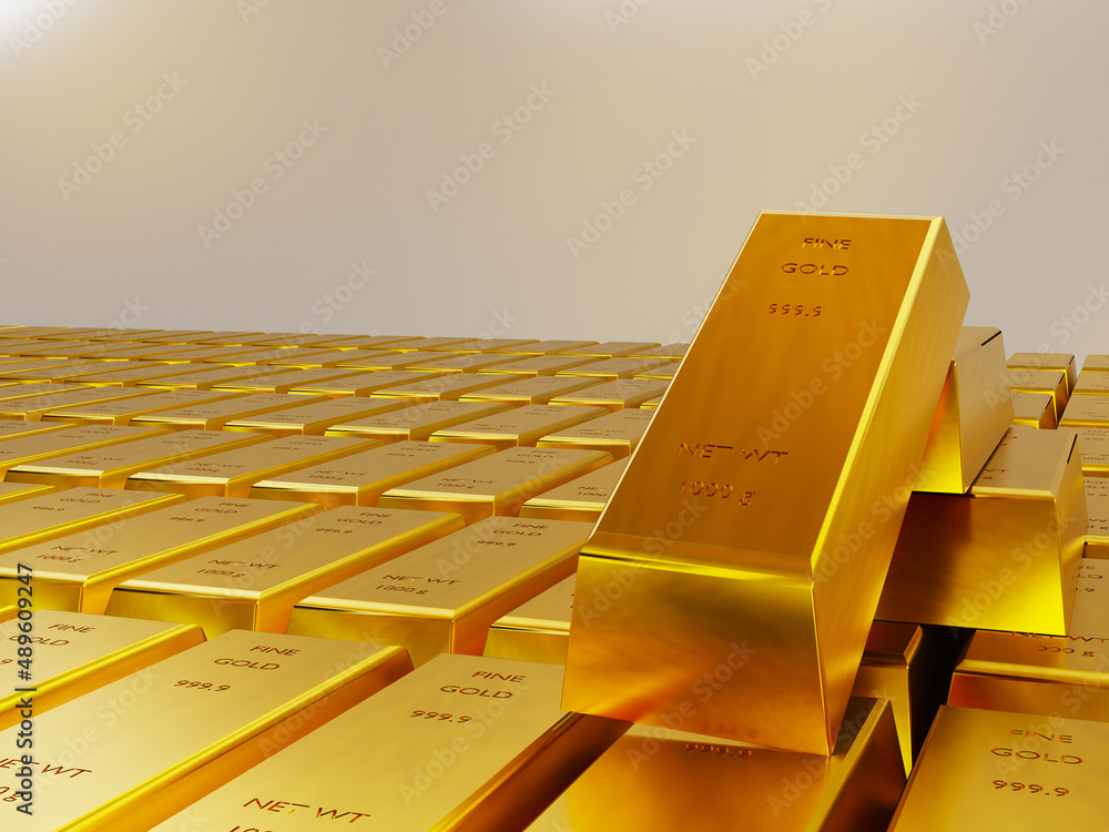 Pure gold bullion bars in bank vault storage. 1kg 999,9 Fine Gold bar ...