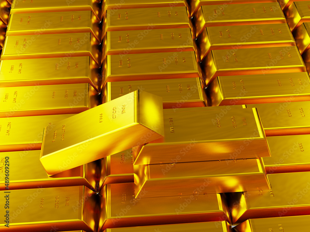 Pure gold bullion bars in bank vault storage. 1kg 999,9 Fine Gold bar ingots background ...