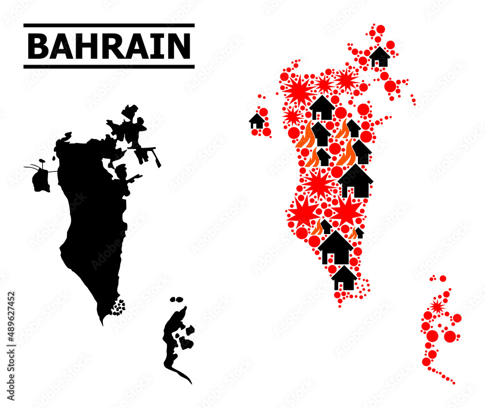War collage vector map of Bahrain. Geographic mosaic map of Bahrain is ...