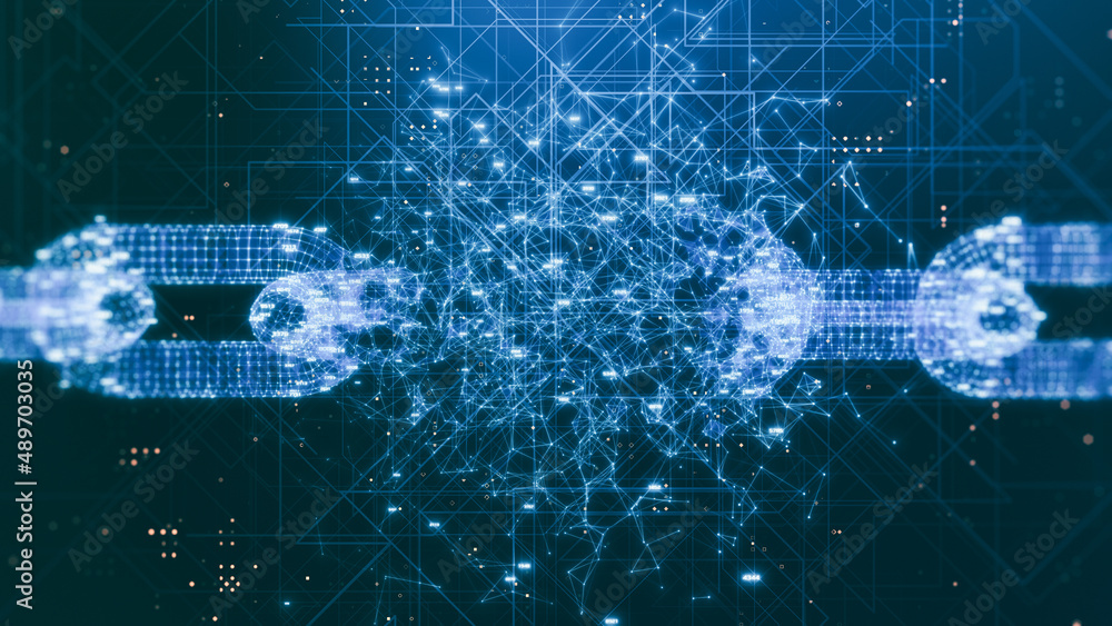 3d wireframe model of a broken chain with random numbers, abstract tech ...