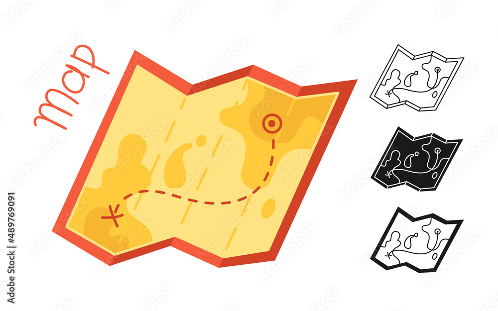 Map folded cartoon icon or stamp, doodle set. Paper maps simple drawn ...