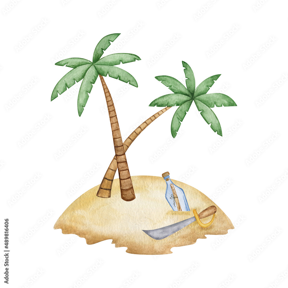 Treasure island cartoon illustration. Tropical island with palm tree ...