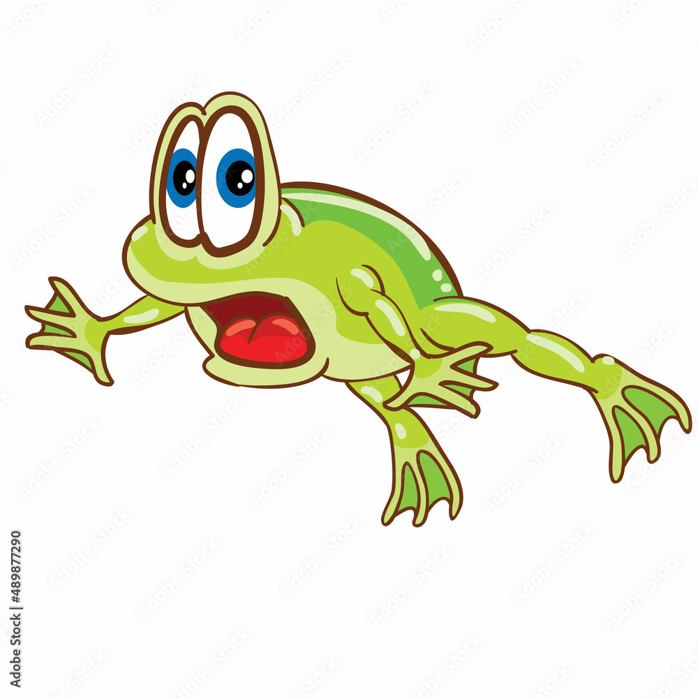 green frog scared with big eyes jumping, cartoon illustration, isolated ...