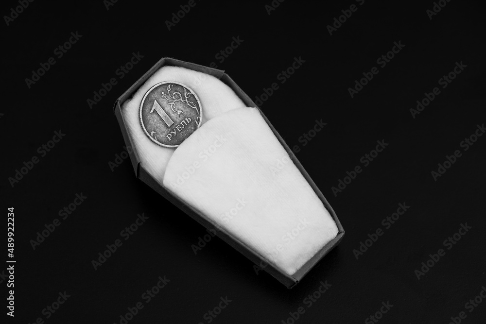Russian Coin in coffin. The fall of the ruble. Collapse of the ruble ...