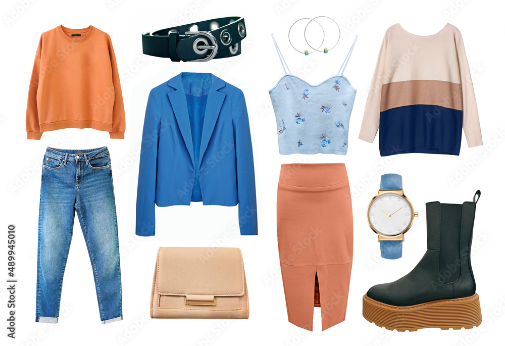 Fashion women's clothing isolated. Modern clothes set, girl's apparel ...