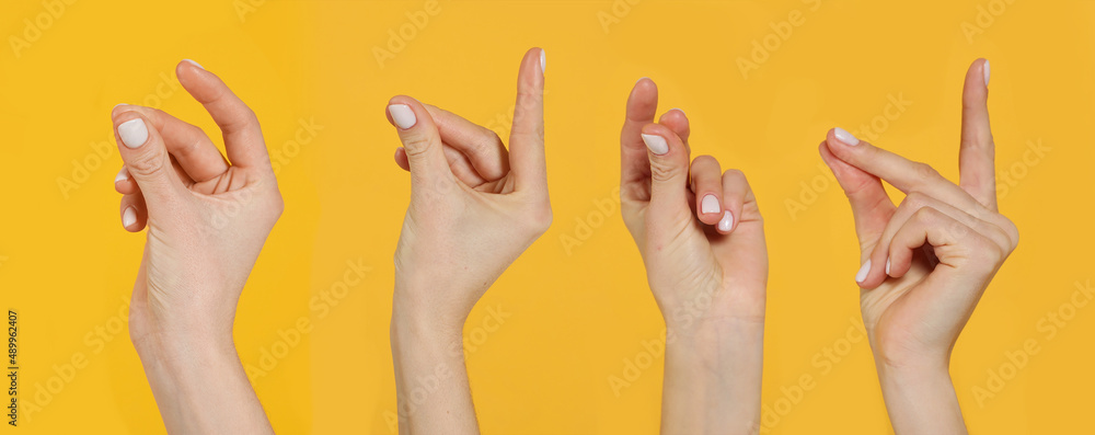Collage with photos of women snapping fingers on yellow background ...
