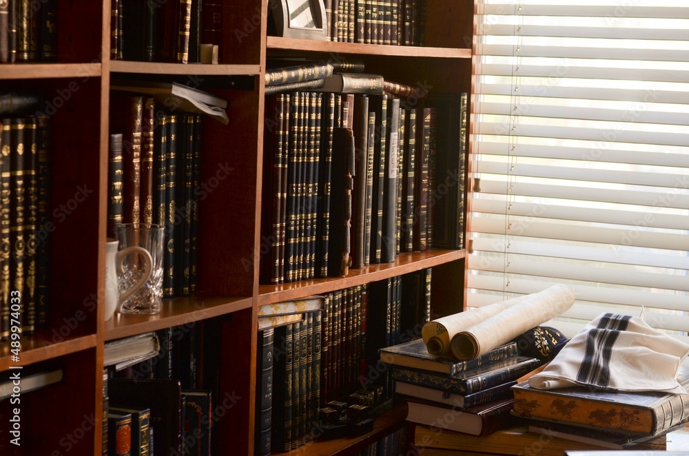 Books in library with jewish items Stock Photo | Adobe Stock