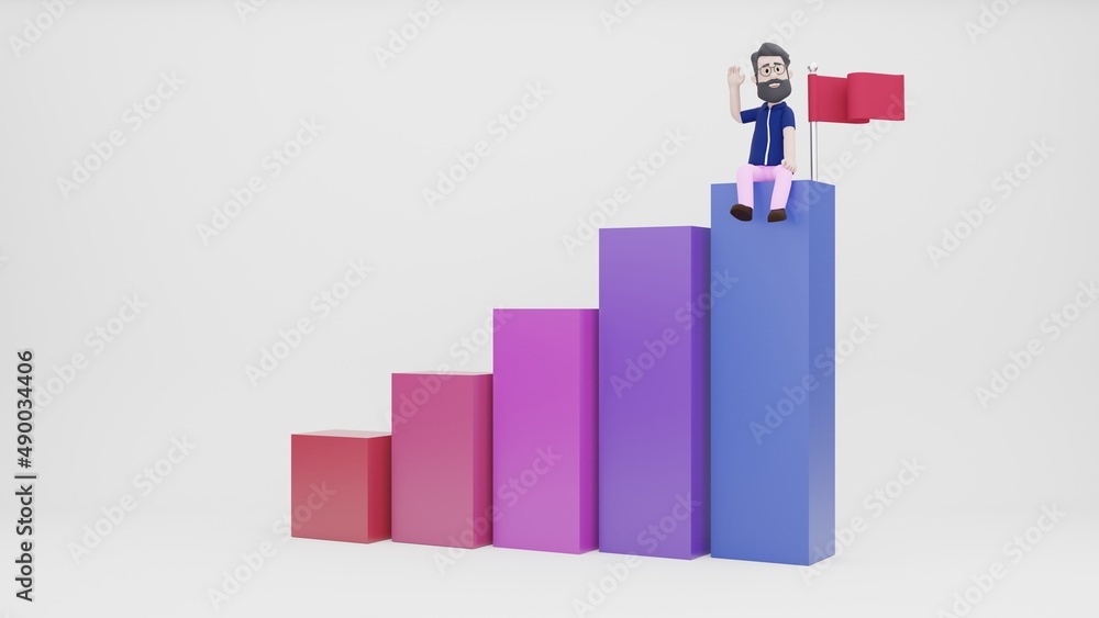 3D Illustration Man Sitting on the top of the column chart business ...