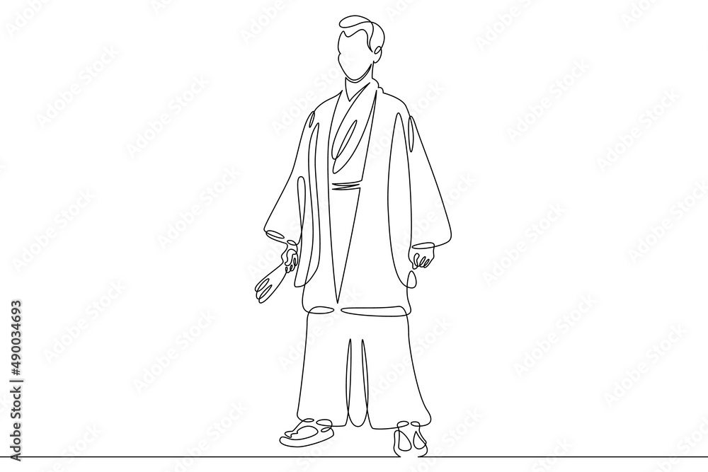 One continuous line.Japanese man character in traditional folk national ...