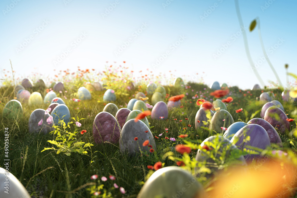 Easter Eggs in a flower field Stock Photo | Adobe Stock