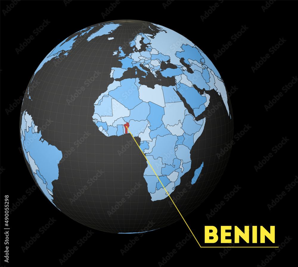 Benin highlighted on a dark globe with a blue world map. A satellite ...