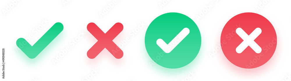 Green check mark, red cross mark icon set. Isolated modern tick symbols, checklist signs ...