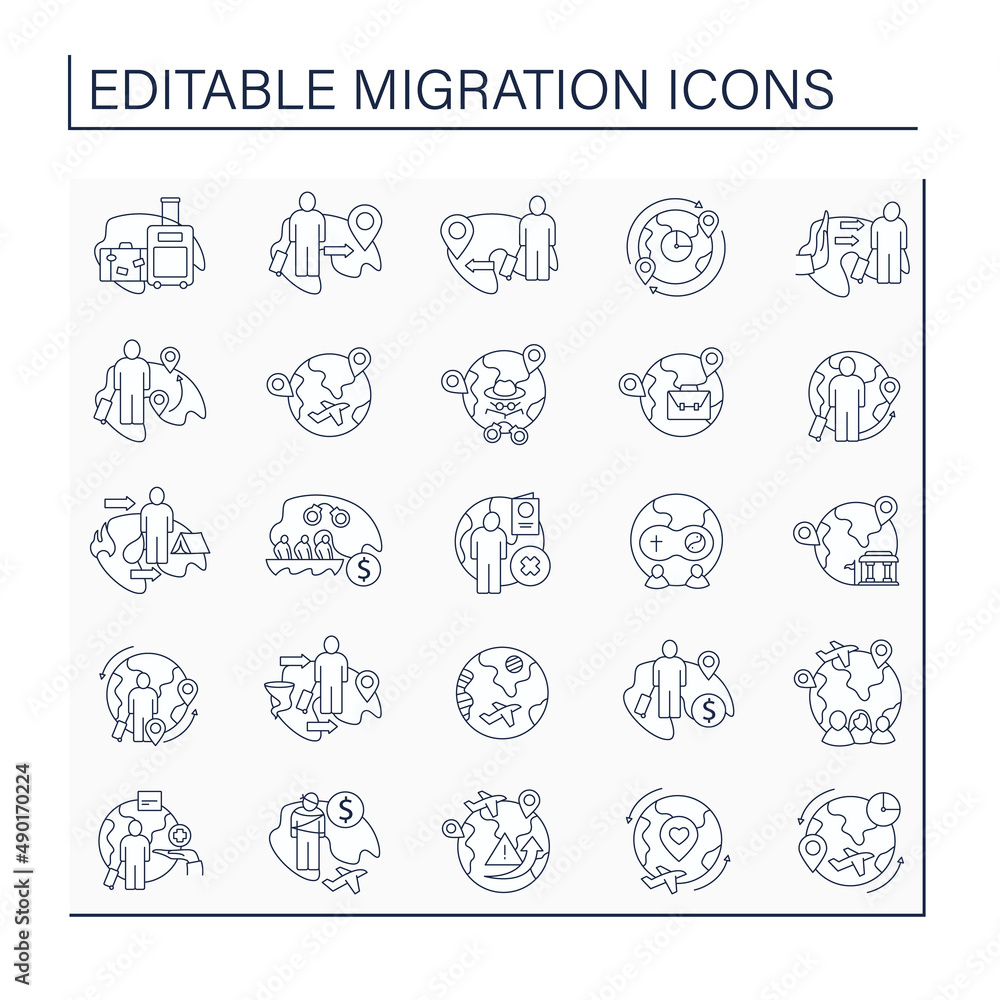 Migration line icons set. Moving people across borders. Seeking better ...