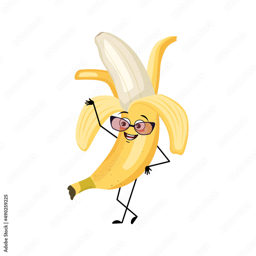 Banana character with happy emotion and glasses, joyful face, smile eyes, arms and legs. Person ...
