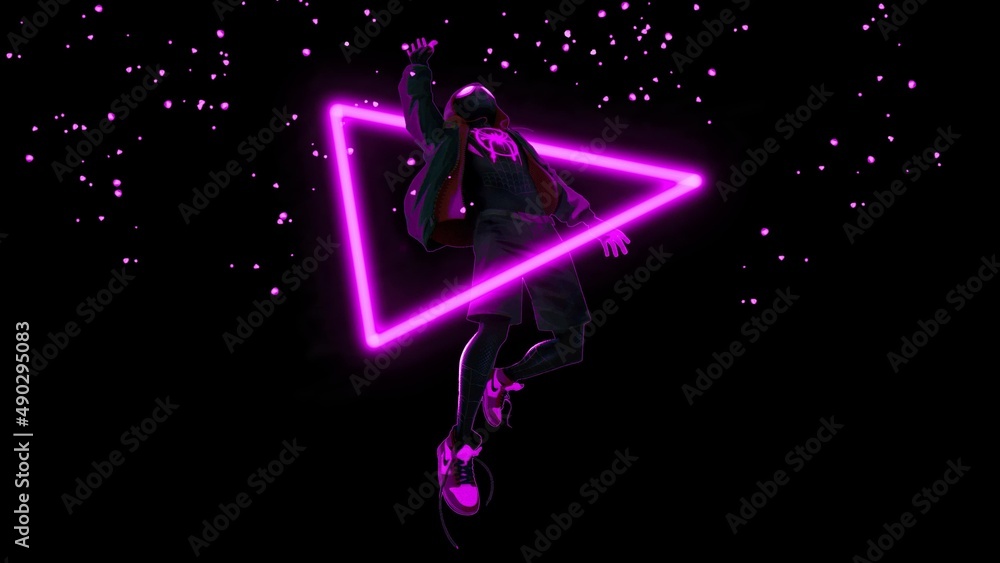 Jumping In Purple Neon Triangle Black Background Stock Photo | Adobe Stock