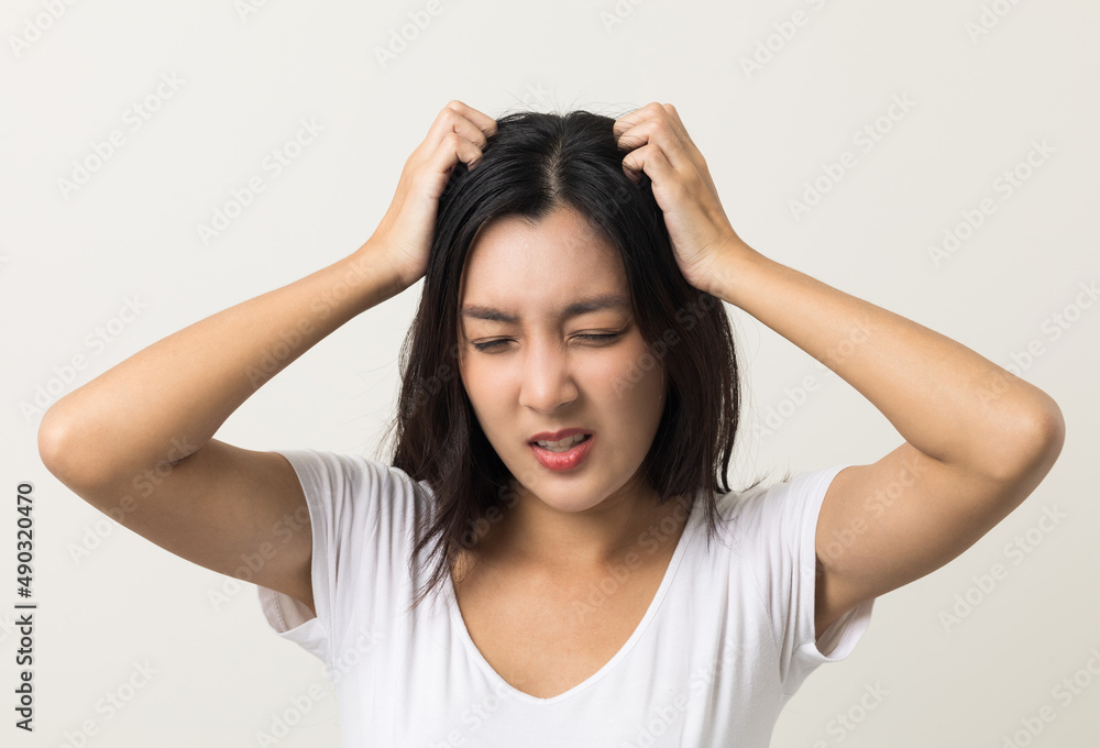 Young woman itchy head There is a fungus on the scalp dandruff, red ...