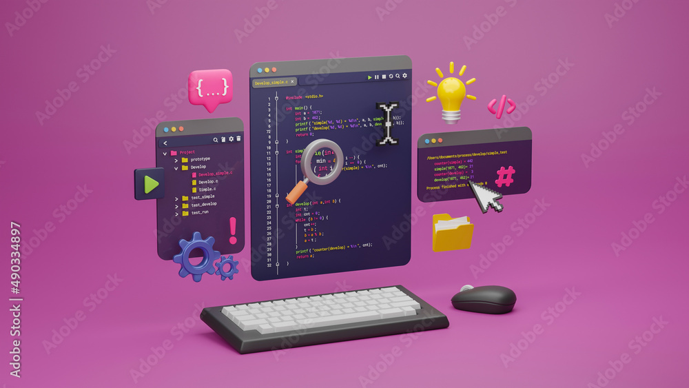 Programmer developer typing script source languages coding symbols icon development project data ...