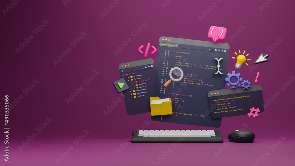 Ilustración de Stock Programmer developer typing script source languages coding symbols icon ...