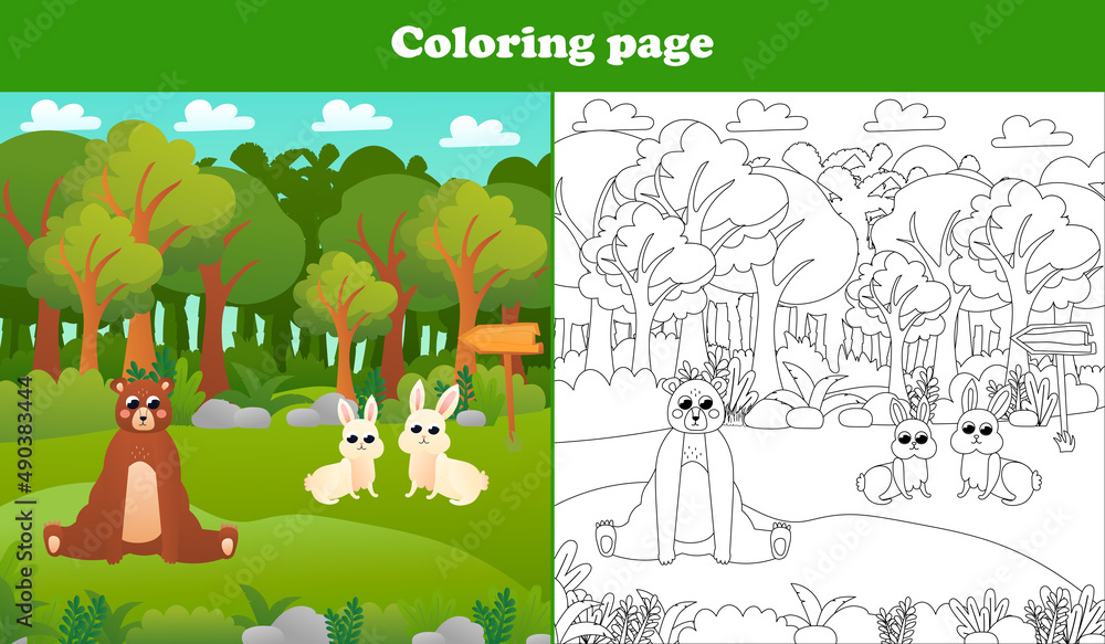 Printable coloring page for kids with woodland scene with bear and cute ...
