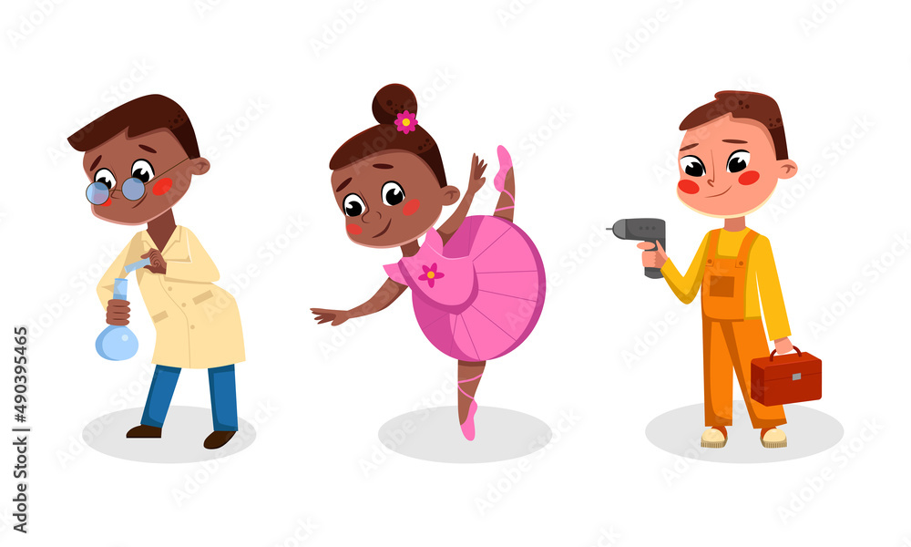 Funny kids of various professions set. Scientist, ballerina ...