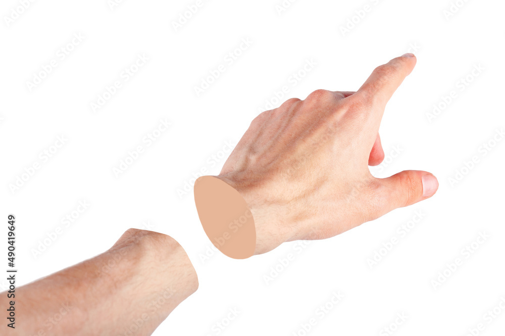 Foto de Stock Severed hand pointing at something, montage. Cut off limb ...