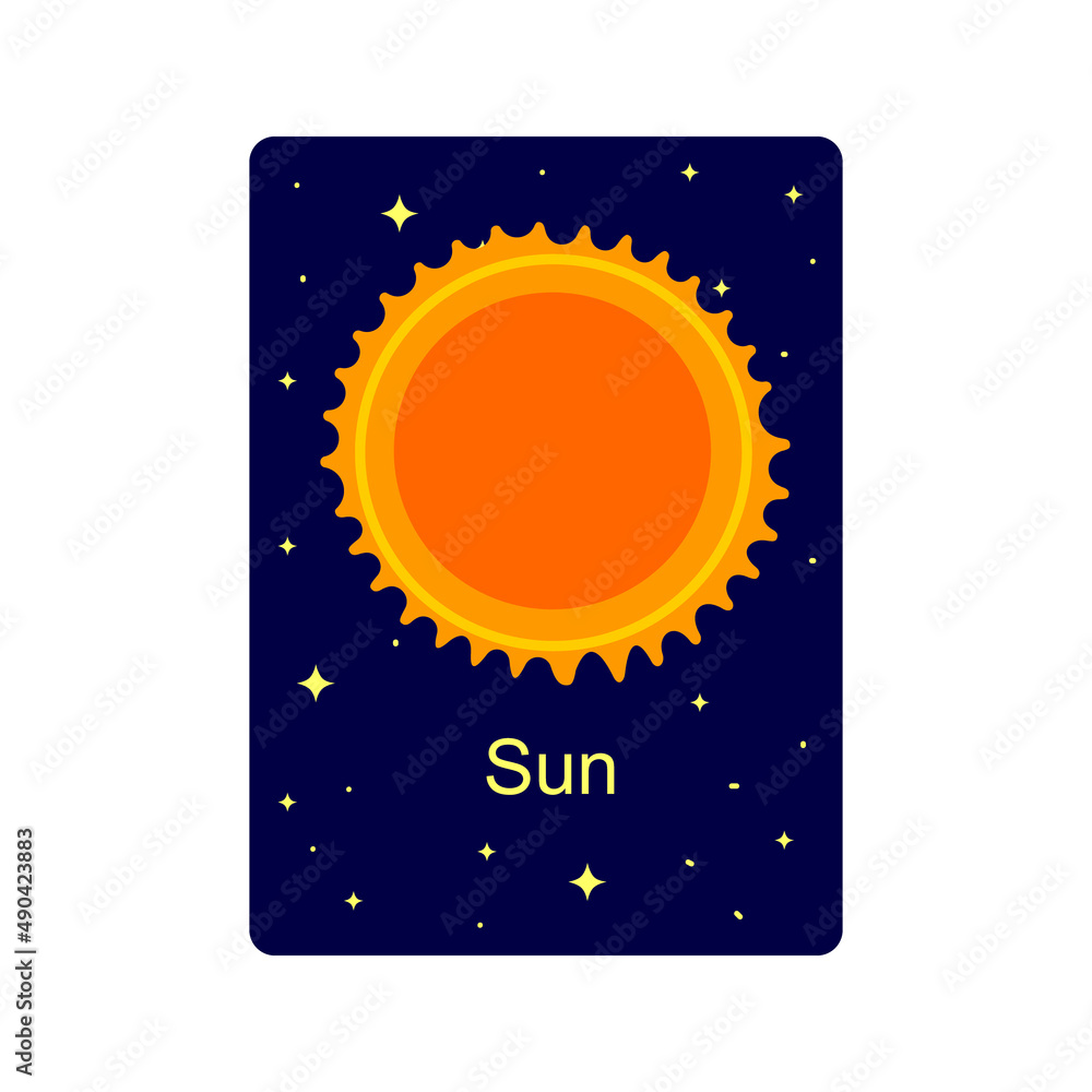 Flashcard for kids with Sun on dark starry background. Educational ...
