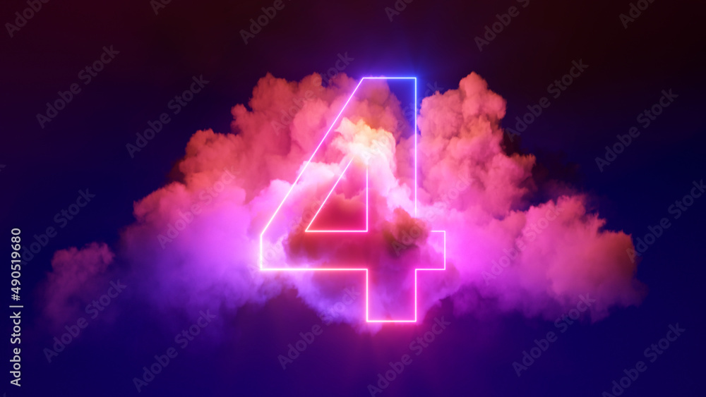 3d render, neon linear number four and colorful cloud glowing with pink ...