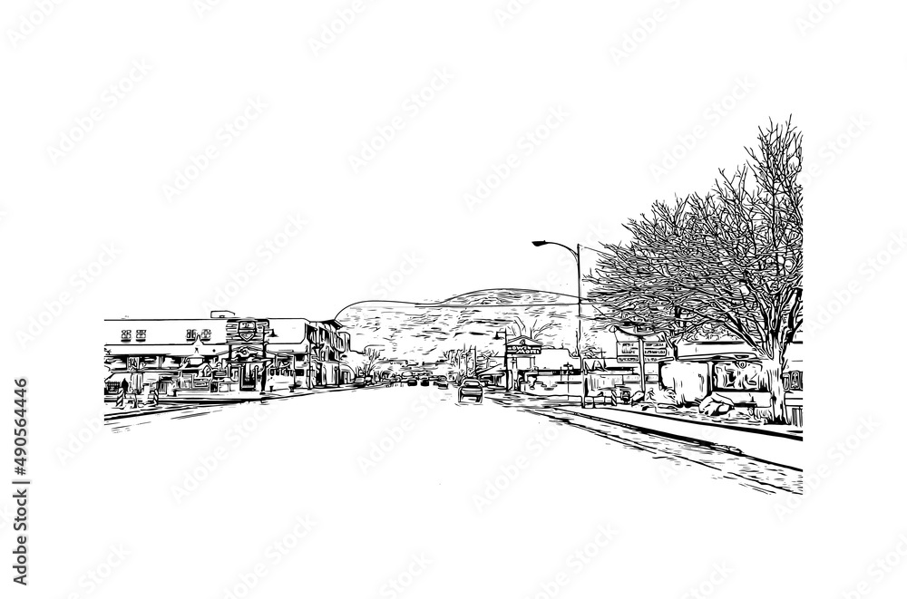 Building view with landmark of Moab is a city in eastern Utah. Hand ...