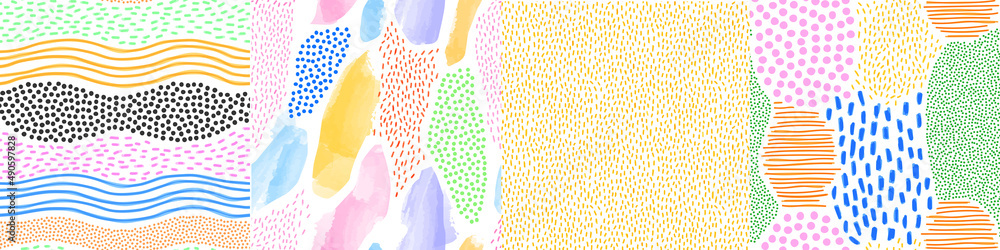 Abstract hand drawn shapes doodle seamless pattern set. Fun children ...
