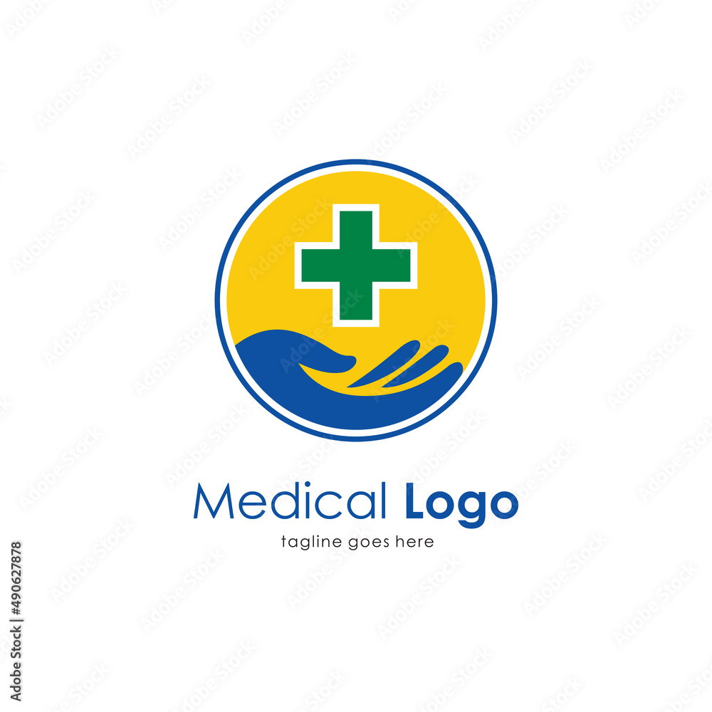medical logo design with hand and plus sign, modern hospital logo ...