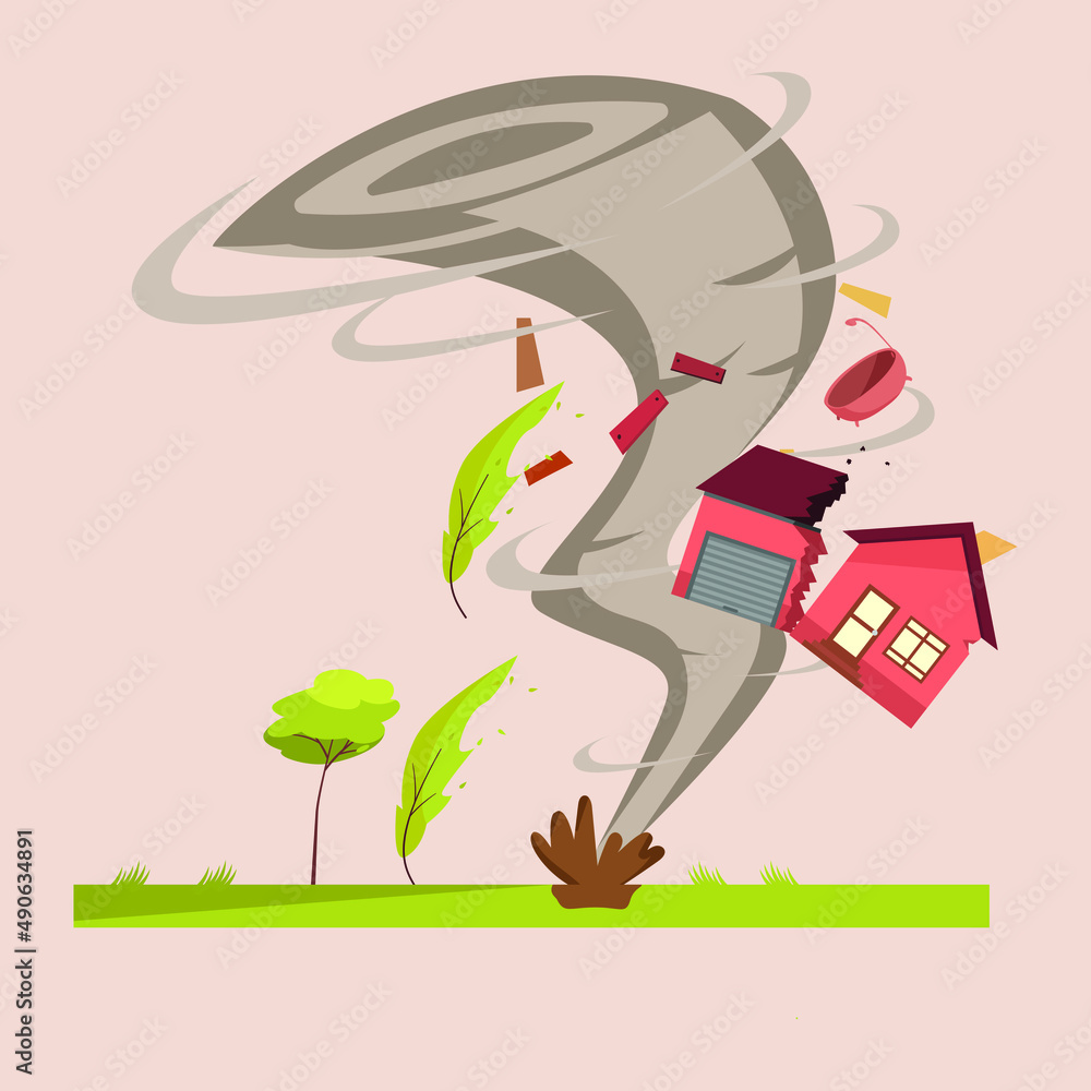 Tornadoes destroy civilian buildings. Hurricane storm in rural landscape. Natural Disaster ...