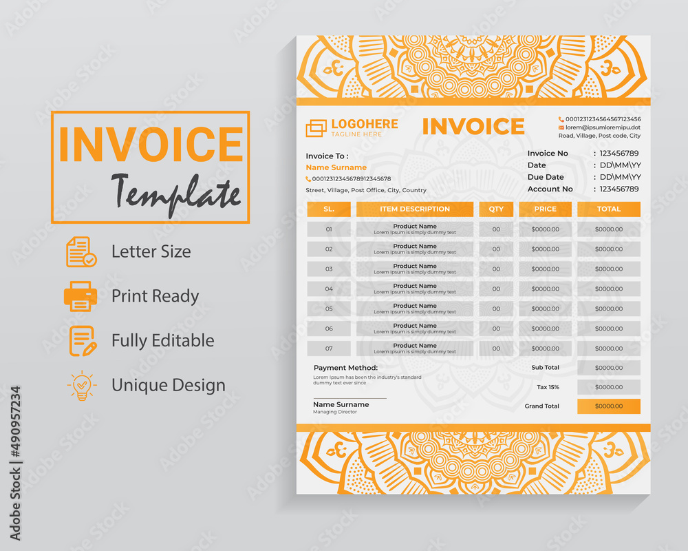 Arabic style mandala invoice template design for Arabic Islamic product ...