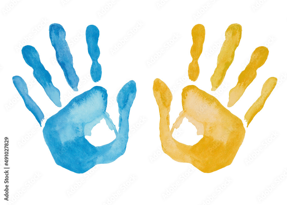 Watercolor illustration of hand painted blue and yellow prints of hands ...