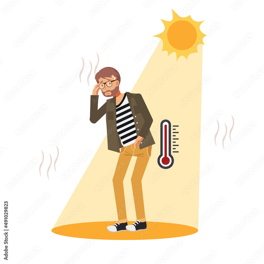 heat stroke concept.Sunstroke and sunburn risk man under burning sun ...