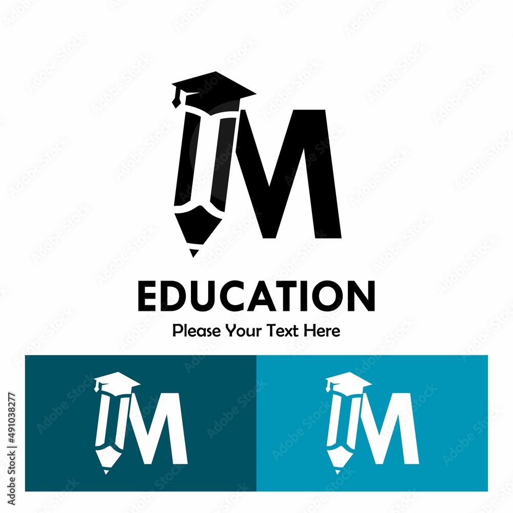 Letter m with pencil and hat graduation logo template illustration ...