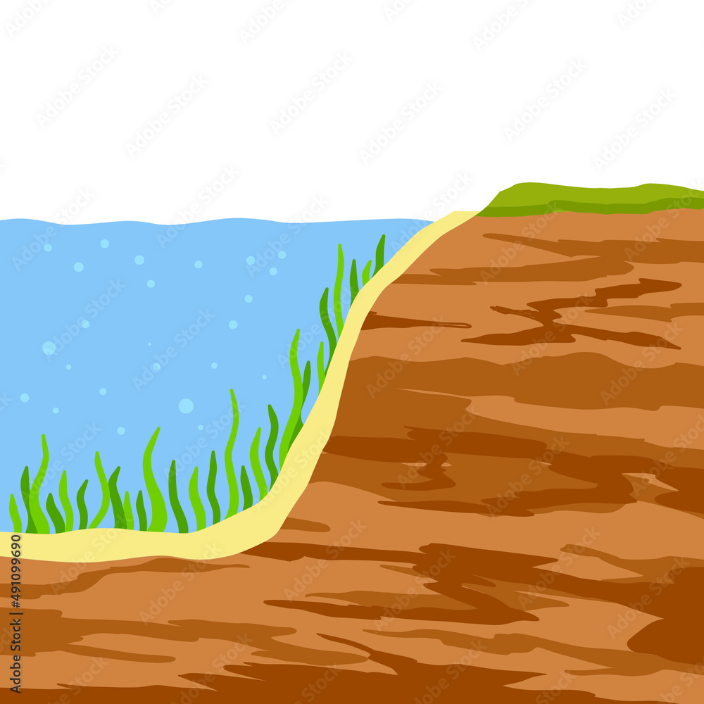 Water shore. Land in cross section. Coast of pond and bottom of lake ...
