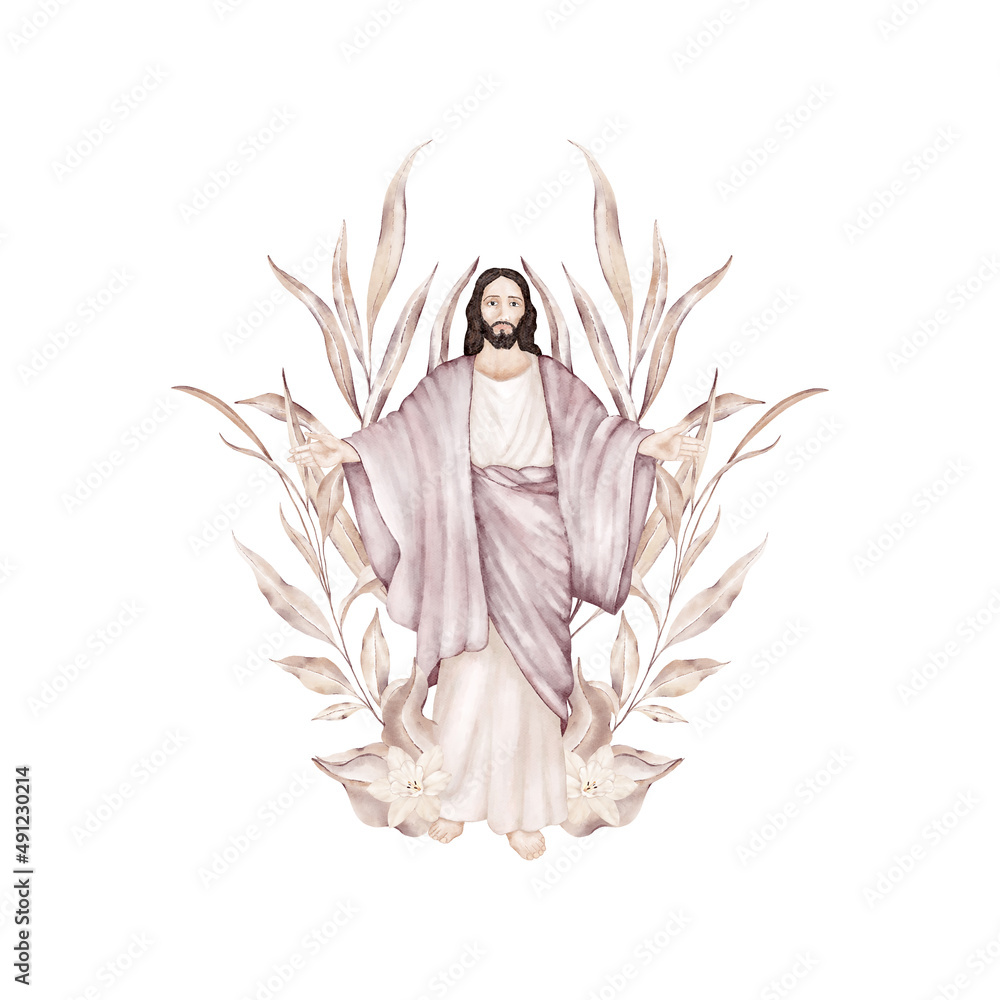 Jesus Christ among flowers and branches Stock Illustration | Adobe Stock
