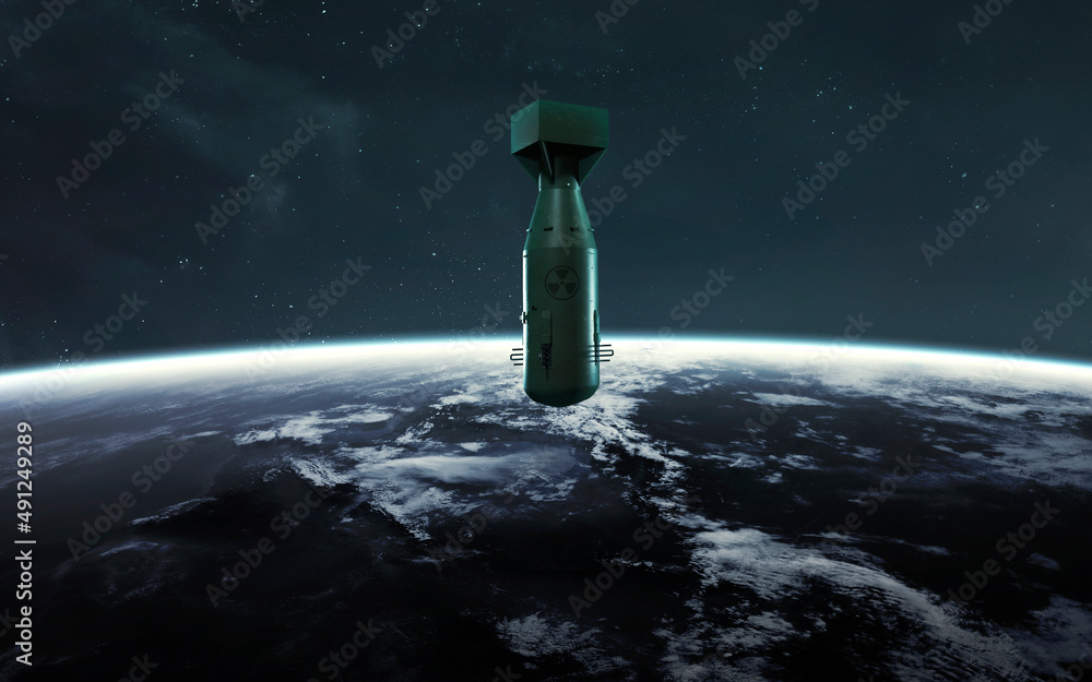 3D illustration of Nuclear bomb over planet earth. World war, end of ...