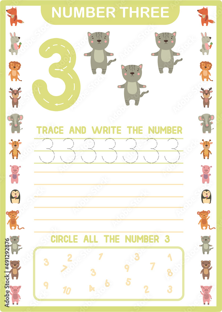 Printable preschool handwriting number 3 worksheet - Digital download ...