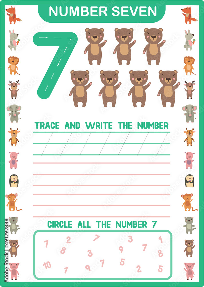 Printable preschool handwriting number 7 worksheet - Digital download ...