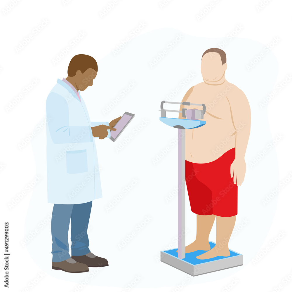 Black doctor weigh scale fat man. obese patient examination by doctor ...
