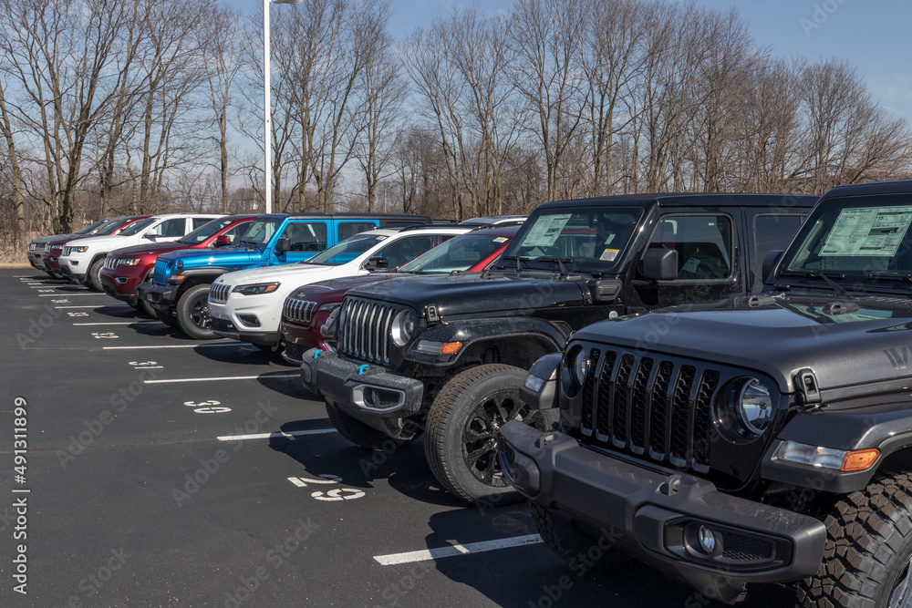 Jeep display at a Stellantis dealership. Jeep offers the Wrangler ...