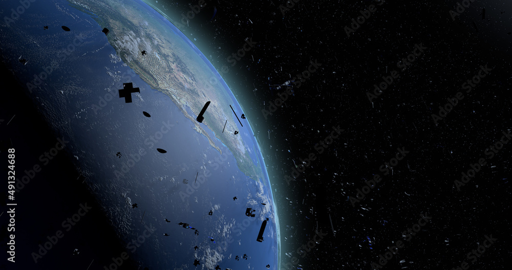 Space debris floating in the orbit of planet Earth. Old satellites ...